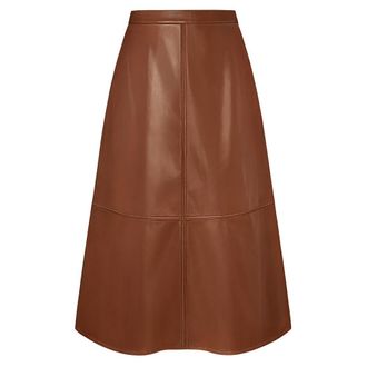 Kate Kasin Damen Lederrock High Waist Faux Leder Rock PU Midi R&ouml;cke A-Linie Winterrock Verdicktem Warm Elegant Braun L