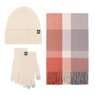 Generic Ensemble de 3 pi&egrave;ces avec &eacute;charpe &agrave; carreaux et ch&acirc;le dhiver chaud en tricot &eacute;pais pour lext&eacute;rieur, bonnet, &eacute;charpe, gants, beige, Taille unique