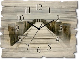 Artland Wanddeko Wanduhr ohne Tickgeräusche aus Holz Quarzuhr 40x30 cm Rechteckig Lautlos Strand Meer Steg Watt Nordsee Maritim Originell T9NK