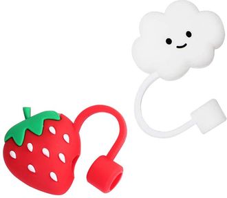 Amosfun 2 x Silikon-Trinkhalm-Abdeckungen, Staubschutz, Wolke, Erdbeer-Form, Trinkhalm-Spitzendeckel, St&ouml;psel (rotwei&szlig;)