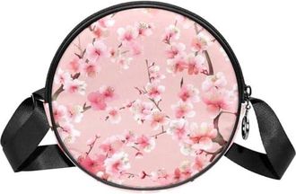 Generic Petit sac &agrave; bandouli&egrave;re rond pour femme, motif fleurs de cerisier avec fermeture &eacute;clair, bretelles r&eacute;glables, sac &agrave; main rond d&eacute;contract&eacute; pour femmes 