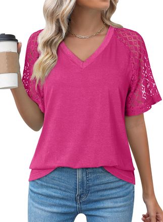 Dokotoo Damen T-Shirt V-Ausschnitt Spitzen&auml;rmel Bluse Sommer Kurzarm Oberteile Basic Einfarbig Blusenshirt Shirts Top, rosenrot, 2XL