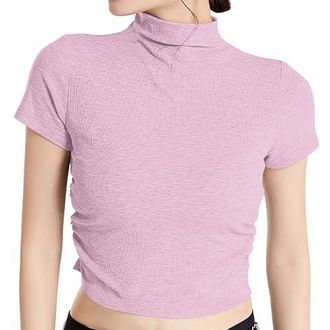 Generic Hauts courts d&eacute;contract&eacute;s &agrave; manches courtes pour femme - Coupe ample - Col haut - Tendance - Minceur - Flatteuse - Demi-chemises de sortie - T-shirt m