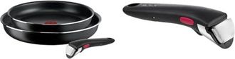 T-fal Ingenio Lot de 2 po&ecirc;les 24/28 cm + poign&eacute;e amovible, Non induction, Rev&ecirc;tement antiadh&eacute;sif & Ingenio Poign&eacute;e amovible noire, Empilable, Verrouillage s