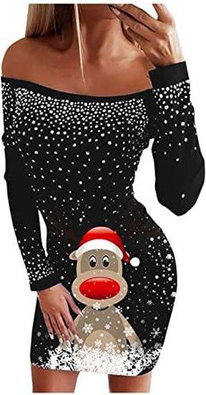 Generic Robes amincissantes 2026 pour femmes, mini robe d&eacute;contract&eacute;e &agrave; manches longues et coutures avec imprim&eacute; flocon de neige et cerf, Noir, XXL
