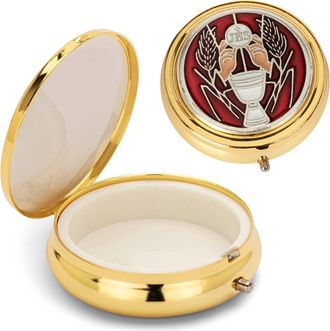 NKlaus Rosenkranz Metalletui Motiv Kelch Hostiendose Gold Rot Einsatz innen 4cm 2533