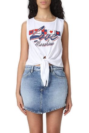 Love Moschino Tank top with Knot in The Front in Stretch Cotton Jersey, Customized with Navy-Themed Flags Print