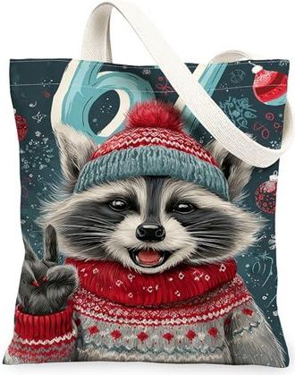 Generic Sacs fourre-tout dhiver en toile de raton laveur, r&eacute;utilisables, festifs, l&eacute;gers et lavables avec bandouli&egrave;re pour voyage B, multicolore, 13x15 Inch