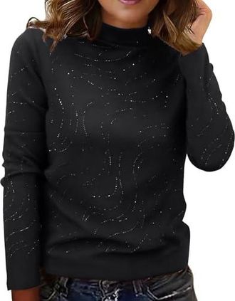 Generic Maillot de corps &agrave; manches longues et col roul&eacute; &agrave; paillettes scintillantes pour femme - Haut thermique coupe ajust&eacute;e pour tenues habill&eacute;es d&eacute;contract&eacute;