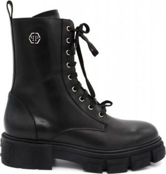 Philipp Plein Homme, Chaussures, Noir, Taille: 45 EU Calf Skin Leather Bottes Mid Flat Hexagon