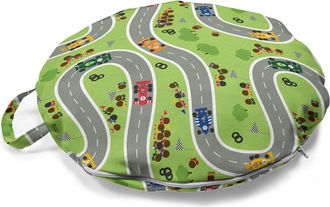 Abakuhaus Rennauto Rundes Bodenkissen mit Griff, Racing Road Map Übersicht, dekoratives Kissen für Wohnzimmer & Schlafsäle, 45 cm, Apfelgrün Multicolor