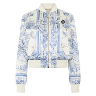 Philipp Plein Femme, Vestes, Bleu, Taille: 42 FR Satin Bomber Butterfly Tattoo