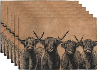 Generic Rustikale Platzsets mit Hochlandrindern, braunes Bauernhaus-Tischset zum Essen, rutschfest, waschbar, f&uuml;r drinnen und drau&szlig;en, Party, dekoratives Tisc