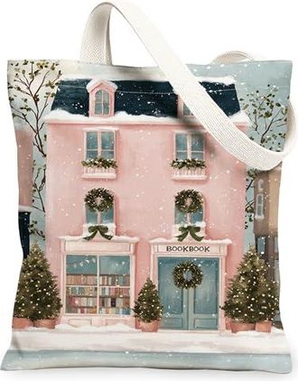 Generic Sacs fourre-tout en toile vintage dhiver, design de b&acirc;timent confortable, sacs d&eacute;picerie r&eacute;utilisables, l&eacute;gers et lavables avec bandouli&egrave;re en toile p