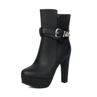 Generic Bottines tendance pour femme avec sangle &agrave; boucle, bout rond, talons &eacute;pais, fermeture &eacute;clair lat&eacute;rale, chaussures dhiver d&eacute;contract&eacute;es polyvalentes, N