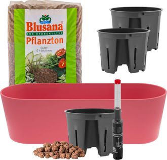 Leni Flori Jardiniere Blumentopf länglich 36 cm Himbeer/rot Hydrokultur-Komplett-Set mit Übertopf Hydro-Töpfen Wasserstandsanzeiger & Pflanzton
