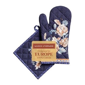 Maison d'Hermine Maison dHermine - Gants de cuisine 19 x 33 cm et maniques de 20 x 20 cm - En 100 % coton - R&eacute;sistants &agrave; la chaleur - Pour banquet, bleu citrouille - T