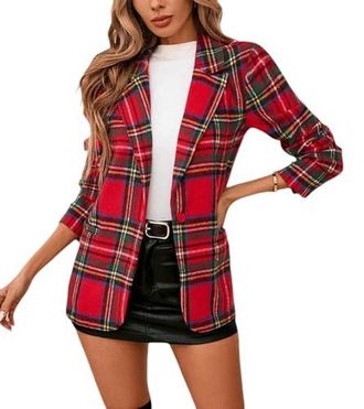 Generic Blazer pour Femme - Blazer Cintré À Carreaux pour Femme Col À Revers Veste Tailleur À Un Bouton Motif À Carreaux Tendance Style Boyfriend Idéal pour L