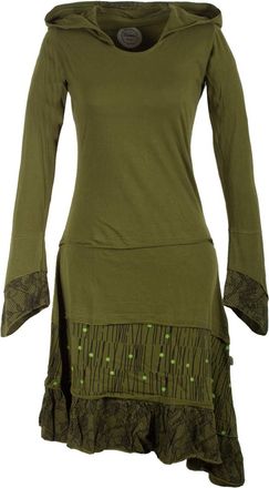 vishes Alternative Bekleidung - Lagenlook Langarm Patchwork Elfenkleid mit Zipfelkapuze und R&uuml;schen olivegr&uuml;n 40