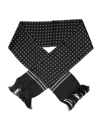 Dolce & Gabbana Mens Black White Polka Dotted Silk Skinny Fringes Scarf