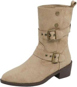 Generic Bottines d&eacute;contract&eacute;es en daim synth&eacute;tique pour femme avec boucle de couleur unie r&eacute;tro confortable &agrave; enfiler pour le bureau et les loisirs, beige, 38