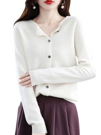 ORANDESIGNE Gilet Femme Chic et Elegant Gilet Court Col Rond Gilets Manches Longues Cardigan Laine Mi-Saison A Blanc XL