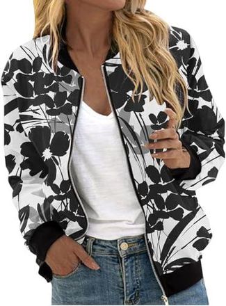 Minetom Veste Femme Blouson Printemps Été Léger Bomber Veste Outwear Manches Longues Zippé Jacket Casual Sport Manteau B Noir XL