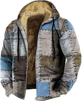 Generic Manteaux dhiver pour homme - Imprimé vintage - Veste doublée en polaire Sherpa - Manteaux zippés avec poches - Style décontracté - Chaud - Coupe ample