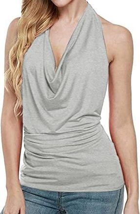 Generic Haut dos nu sans manches col débardeur femme chemisier col bénitier sexy drapé femme chemisier haut et short ensemble pour femme, Argenté., M