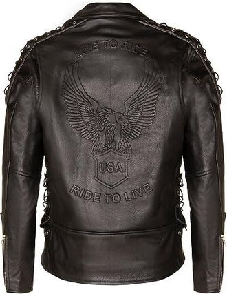 Infinity Leather Veste de motard en cuir vintage Brando « LIVE TO RIDE » noir pour homme en relief EIGLE