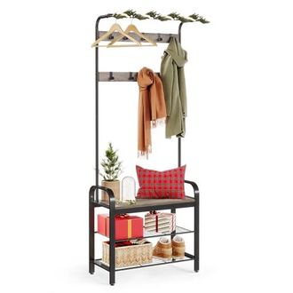 Vasagle Garderobenständer, Garderobe, mit Schuhbank, 4-in-1 Design, 9 abnehmbare Haken, Kleiderstange, Eingangsbereich, Flur, 33,7 x 72 x 183 cm, Industrie-De