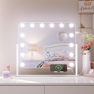Sonni Hollywood Schminkspiegel mit Handyhalterung und USB-Ladeanschluss, 14 LEDs, 3 einstellbare Farbtemperaturen, 360&deg; drehbar, wei&szlig;er Spiegel 50x40 cm mit