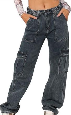 Generic Pantalon cargo baggy pour femme - Jambes larges - En denim - Multi poches - Taille haute - Stretch - Vintage - Jambe droite - D&eacute;contract&eacute; - &Eacute;l&eacute;gant - 