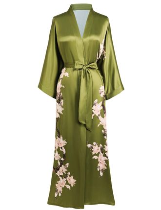 Babeyond Damen Morgenmantel Kimono Blumen Zweig Gedruckt Maxi Lang Damen Bademantel Birnenblumen Strandjacke Braut Junggesellinnenabschied Party Schlafmantel