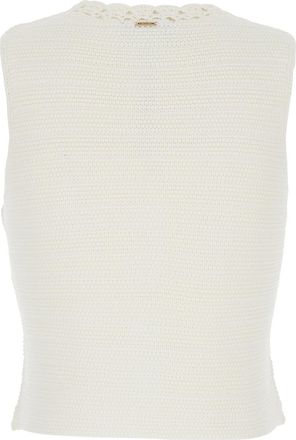 Twinset Womens V-Neck Crochet Knit Vest, White Viscose Blazers Jacket