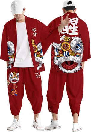 Generic Kimono Set Herren Japanisch Mehrfarbig Druck Lose Cardigan Sommer 3/4 Hülse Kimono Kurzarm Funky Bunte National Print Japanische Bademäntel Baggy Nach