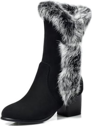 Generic Bottes Femme Mi-Mollet Bordure Fourrure Synthétique Talon Carré Bout Rond Daim Ballerines Semelle Coussinée Hiver Décontracté Soirée Élégantes Durable