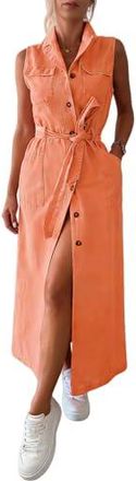 Generic Robe en jean boutonn&eacute;e sans manches pour femme, robe longue sans manches avec ceinture en jean pour femme, robe midi &agrave; col, Orange, XL