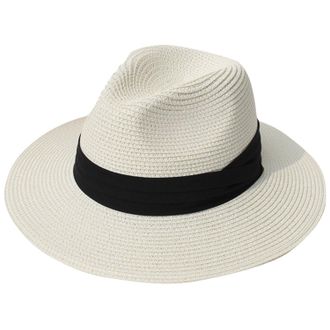 Dreshow Damen Panama Hut Breiter Krempe Stroh Sommer Fedora Strohhut Panama Aufrollen Hut Strand Rollbar UV Sonnenhut UPF 50 +