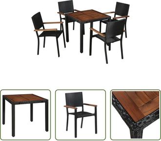 vidaXL Terrassenst&uuml;hle - 5-tlg. Garten-Essgruppe Poly Rattan Akazie Massivholz Schwarz