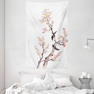 Abakuhaus Kunst Wandteppich und Tagesdecke, Chinesische Farbe der Blumen aus Weiches Mikrofaser Stoff Kein Verblassen Klare Farben Waschbar, 140 x 230 cm, Hellg