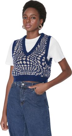 Trendyol Damen V-neck, Plain Colours, Figure-hugging Knitted Vest Sweater, Marineblau, L EU