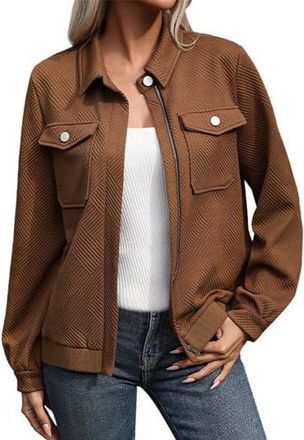 Generic Vestes r&eacute;tro pour femmes 2026 style classique avec poches de couleur pure, caf&eacute;, M