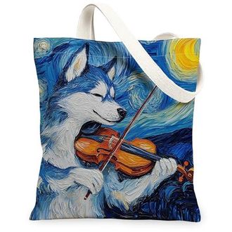 Generic Husky Sac fourre-tout en toile r&eacute;utilisable pour faire du shopping 33 x 38,1 cm, motif violon nocturne &eacute;toil&eacute;, sac d&eacute;picerie pour femme, animal domest