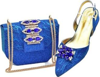 Generic Chaussures et sacs de fête pour femme assortis élégants à talons bas et bout pointu avec strass, bleu, 41.5 EU