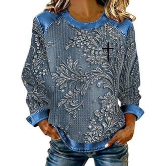 Generic Sweats chr&eacute;tiens pour femmes, religieuse, foi, J&eacute;sus, croix, graphique en denim, pull vintage en tricot gaufr&eacute;, patchwork, chemise surdimensionn&eacute;e &agrave; c