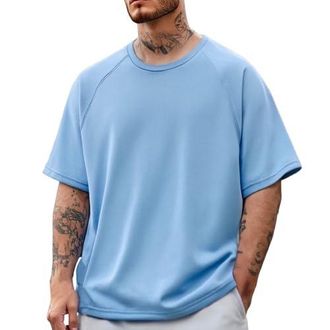 Generico T-shirt &agrave; manches longues pour homme en coton uni avec manches longues, chemise d&eacute;contract&eacute;e vintage poids lourd, bleu clair, XXXL