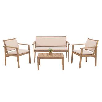 Mendler Garten-Garnitur HWC-O19, Lounge-Set Sitzgruppe Bank Sessel Tisch, Holz Akazie FSC Stoff/Textil (180g/m&sup2;) - Kissen beige