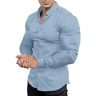 Generic Chemise &agrave; manches longues pour homme - &Eacute;l&eacute;gante chemise de loisirs - Coupe ajust&eacute;e - Col montant - Chemise traditionnelle - Stretch - Chemise &agrave; manche