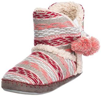 Brandsseller Chaussons Femme Bottillon en Tricot Jolis noeuds et Pompons Chaussons fourr&eacute;s Doux Molleton - Coloris: Gris/Rouge Corail - Pointures: 36 de
